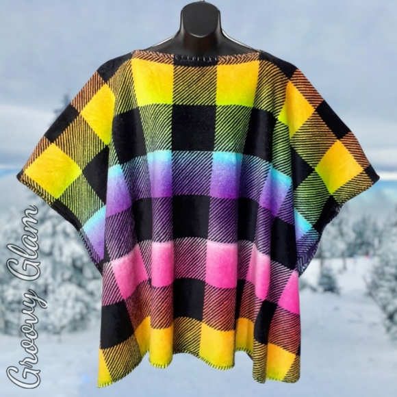 Groovy Glam | Sweaters | Groovy Glam Rainbow Plaid Plush Poncho | Poshmark